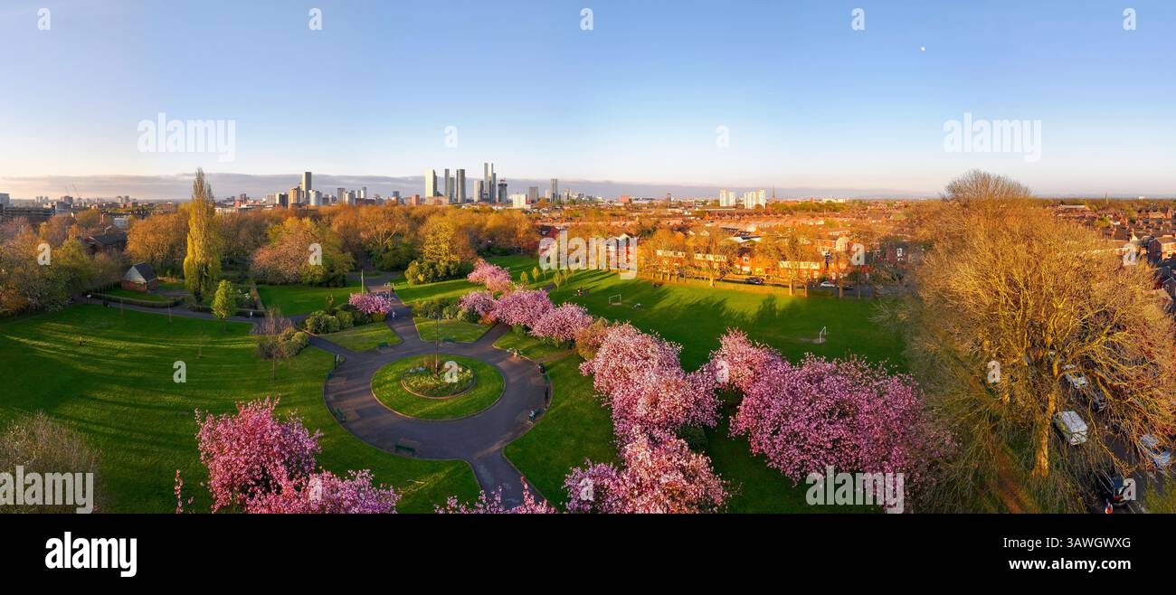 Aerial image of Manchester skyline from Hullard Park at Spring time ...