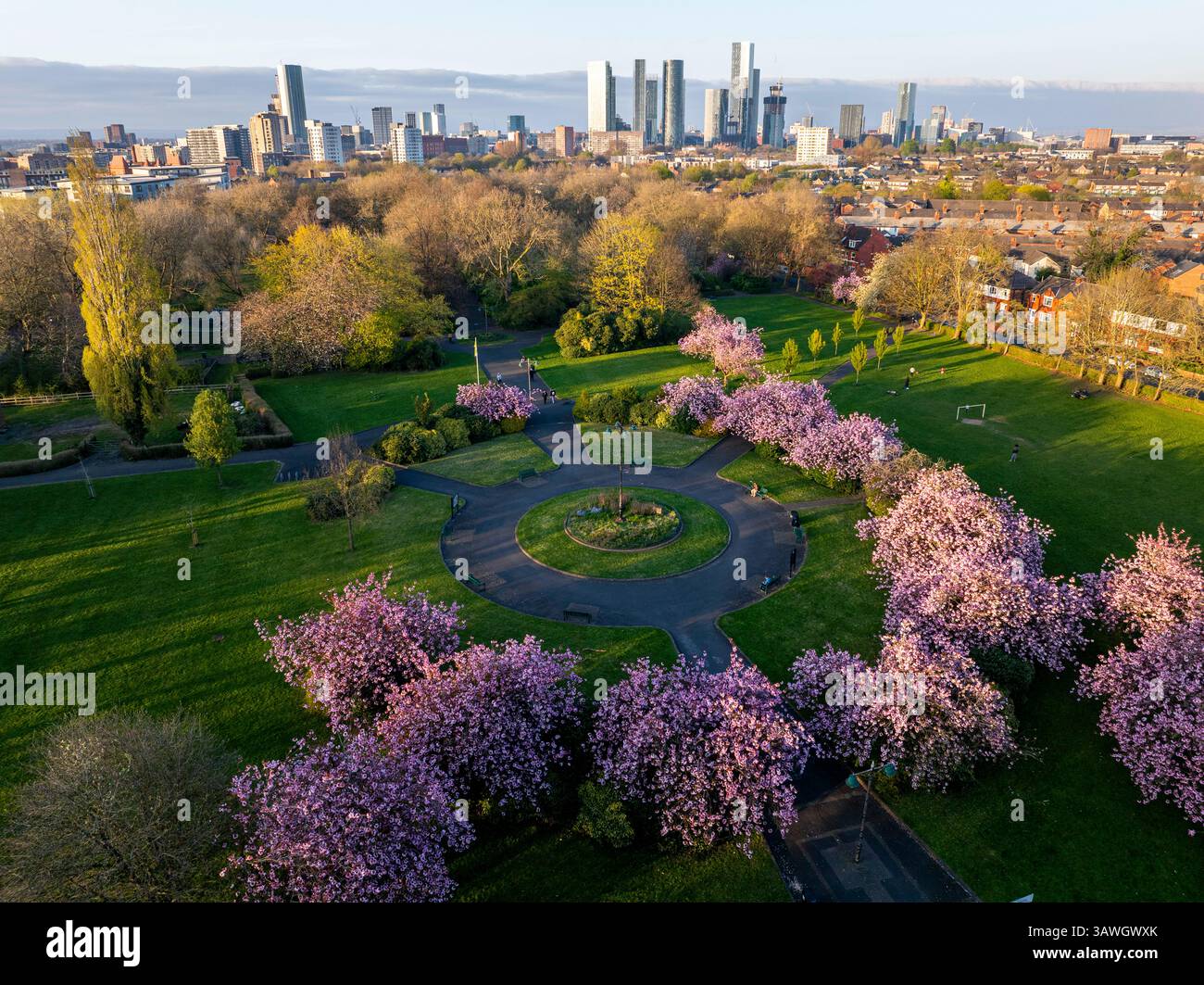 Aerial image of Manchester skyline from Hullard Park at Spring time ...
