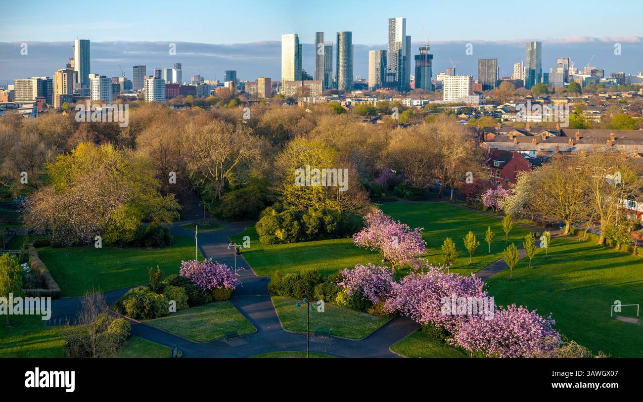 Aerial image of Manchester skyline from Hullard Park at Spring time ...