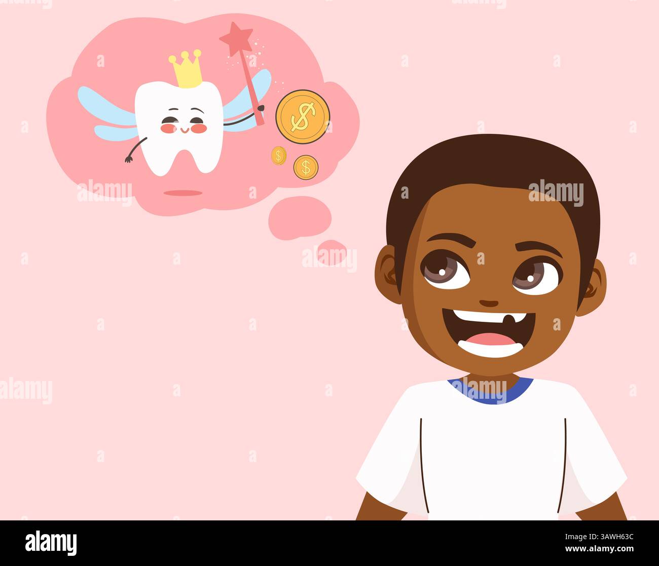 Cartoon vector illustration of a joyful boy daydreaming about the tooth ...