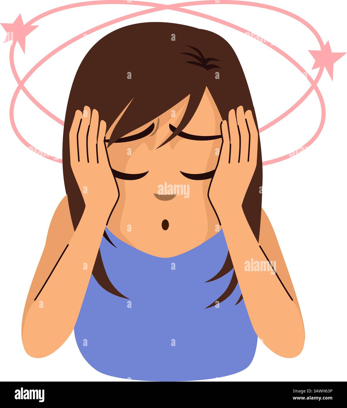 Vector cartoon illustration of a woman experiencing dizziness, holding ...