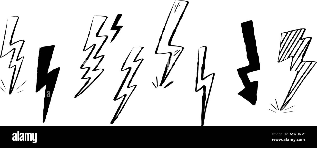 Collection of thunder and lightning icons in hand-drawn pencil style ...