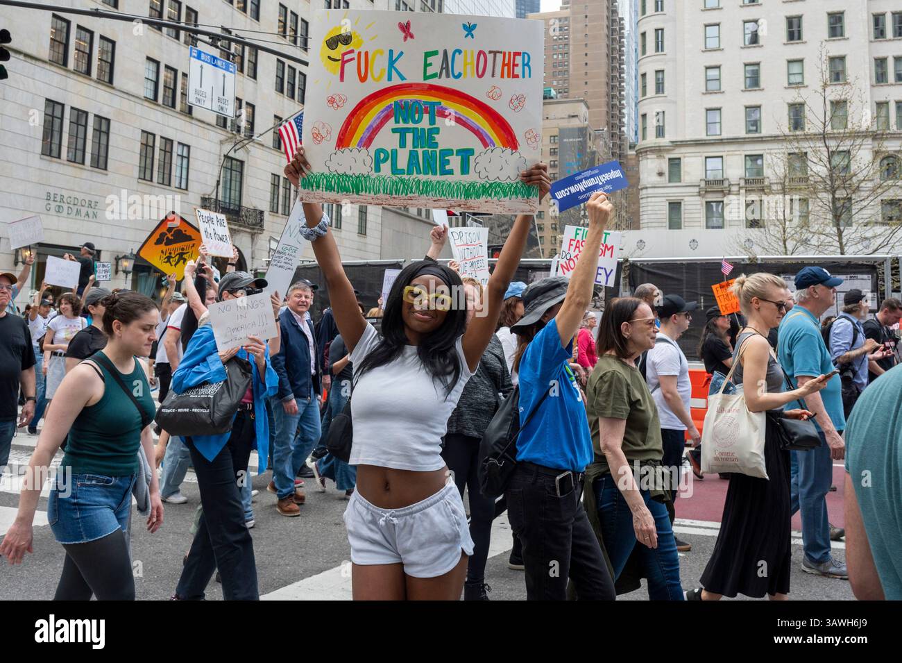 New York, United States. 19th Apr, 2025. Protesters march during a ...