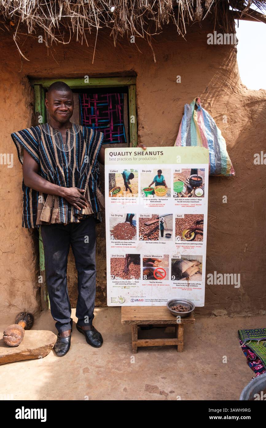 Ghana, Mognori. Man Showing Poster Illustrating Steps in Shea Butter ...