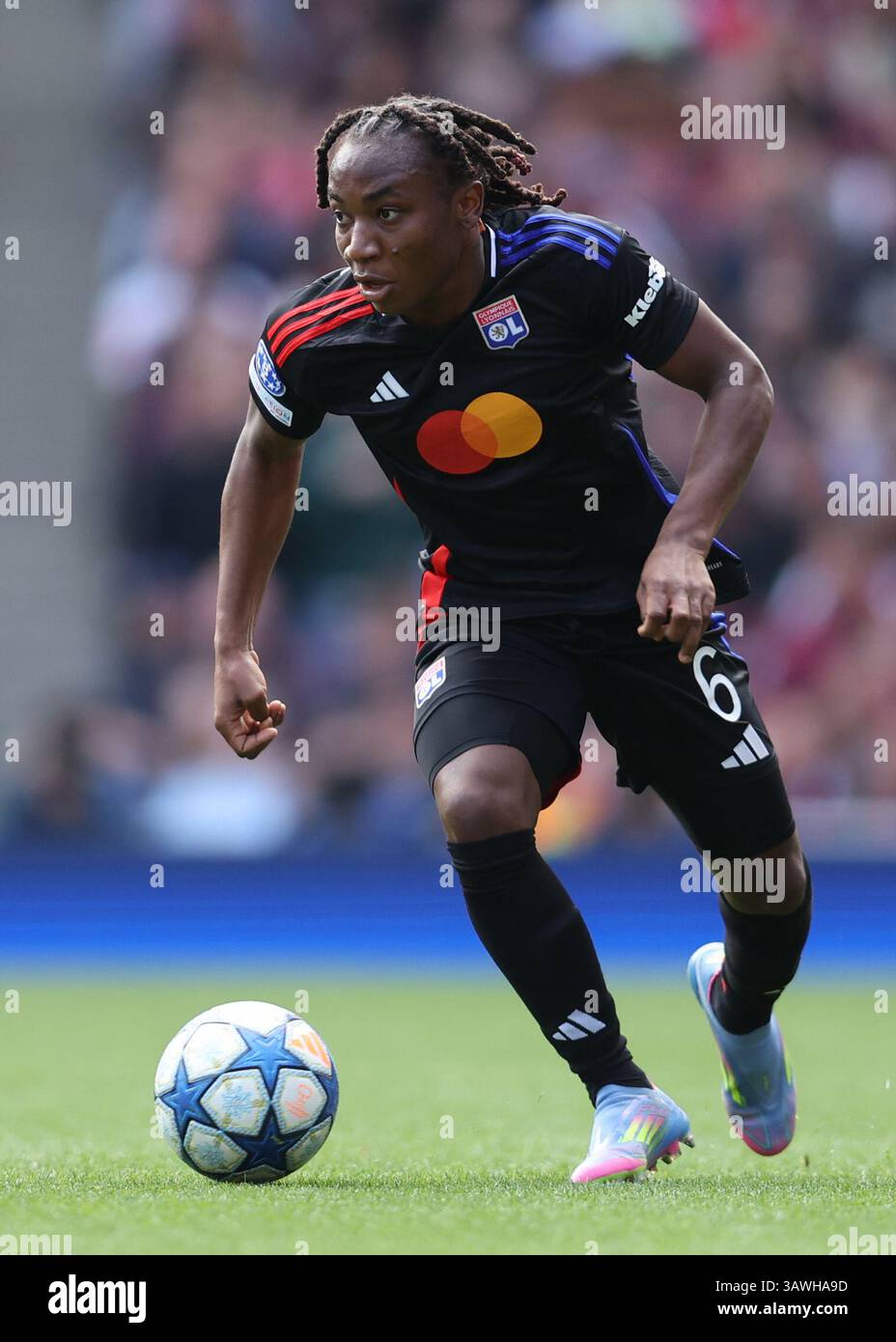 London, England, 19th April 2025. Melchie Dumornay of Lyon during the Arsenal Women vs Olympique ...