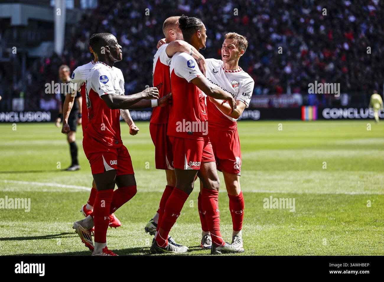 UTRECHT - (l-r) Mike van der Hoorn of FC Utrecht, Sebastien Haller of FC Utrecht, Oscar Fraulo ...