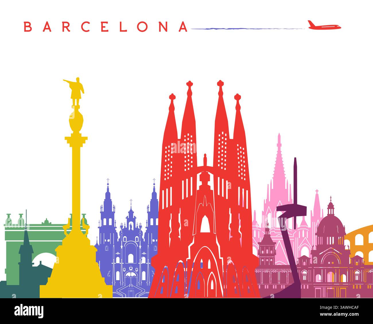 Barcelona city skyline colorful silhouette, travel and tourism banner ...