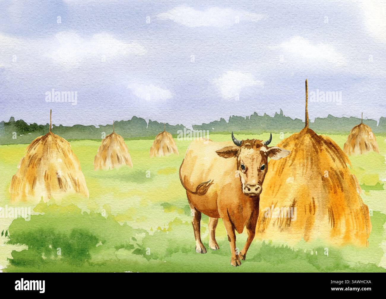 watercolor brown cow on field, fresh green grass, haystacks animal feed ...