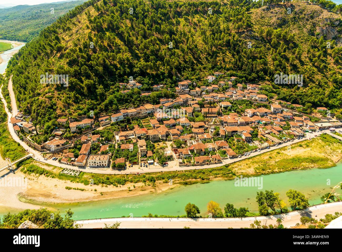 Berat’s Lumi Osum (Osum River) curves around Lagja Gorice (Gorice ...