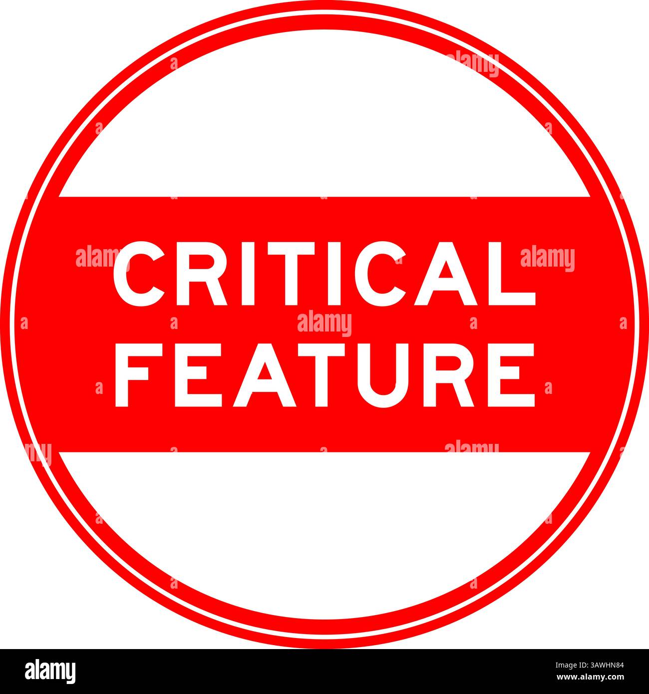 Red color round seal sticker in word critical feature on white ...