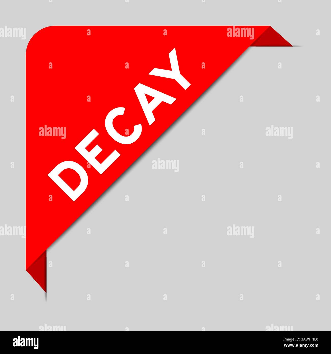 Red color of corner label banner with word decay on gray background ...