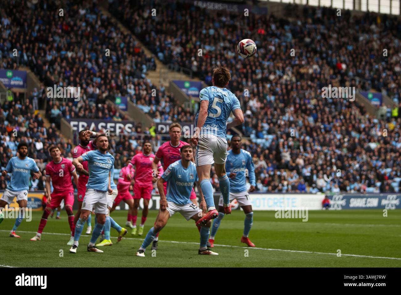 Jack Rudoni of Coventry City heads the ball during the EFL Championship ...
