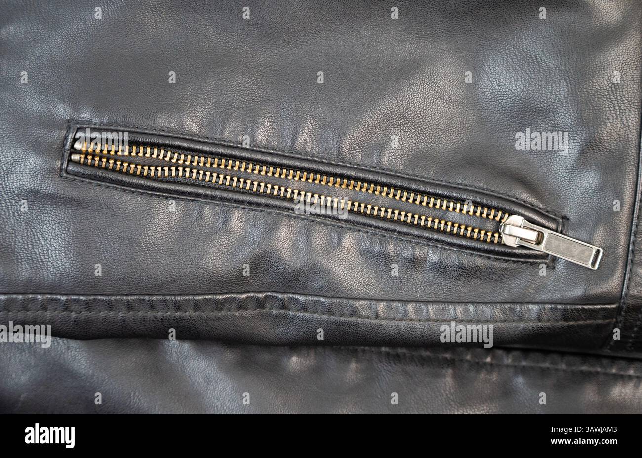 Close-up of a black leather jacket showcasing a zipper design Stock ...