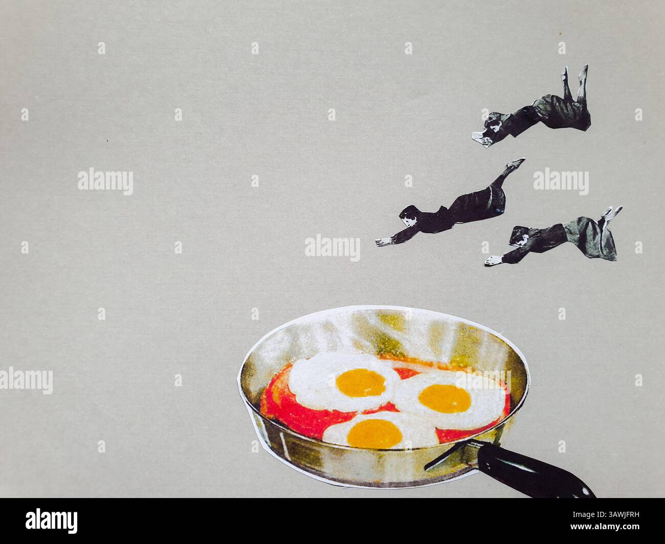 Surreal conceptual collage art of three people falling into a pan with ...