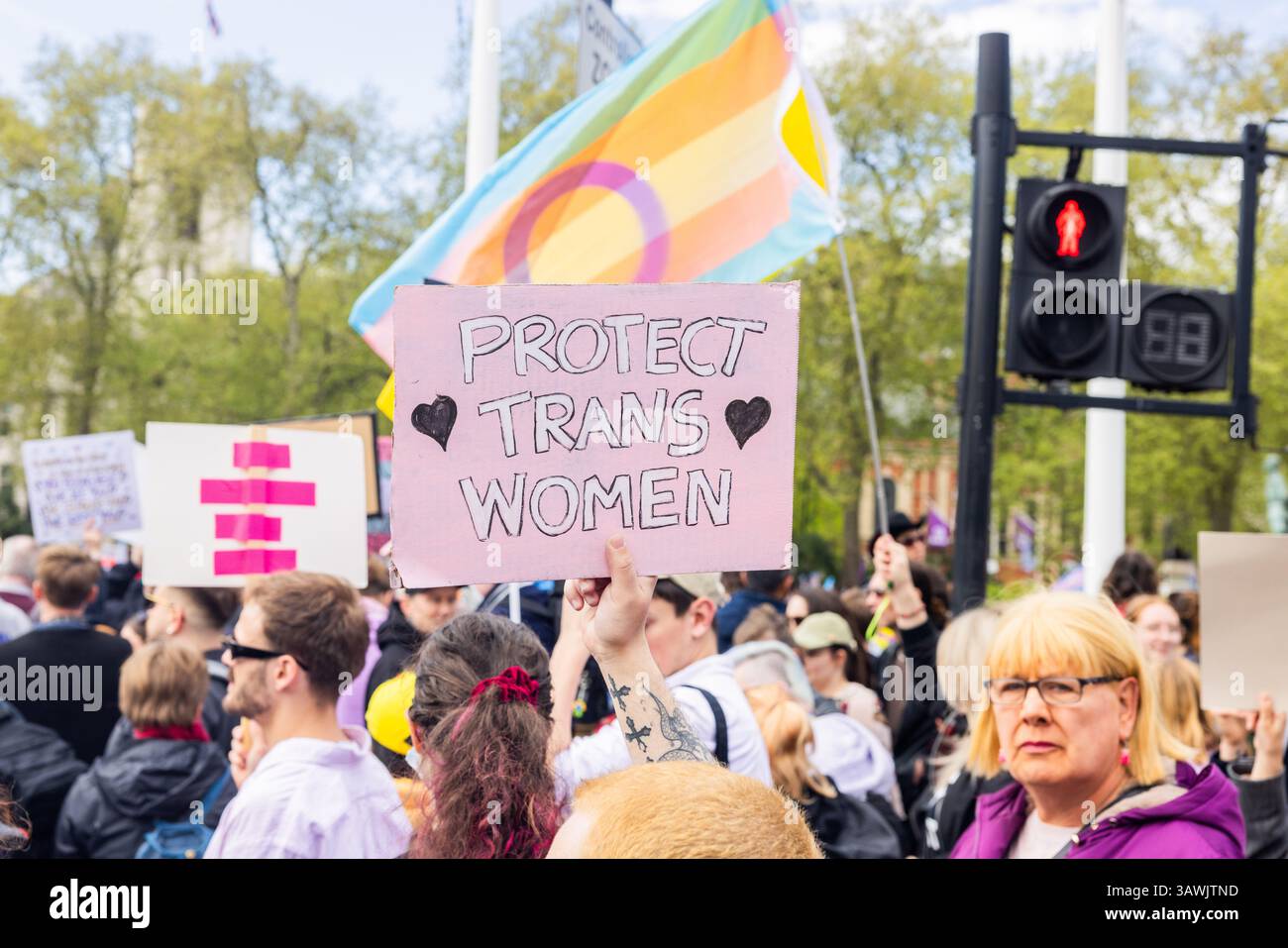 London, UK. 19 APR, 2025. "Protect Trans Woman" sign as thousands ...
