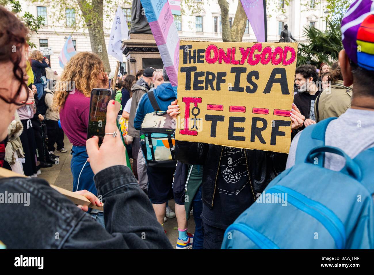 London, UK. 19 APR, 2025. "The only good TERF is a TERF" sign as ...