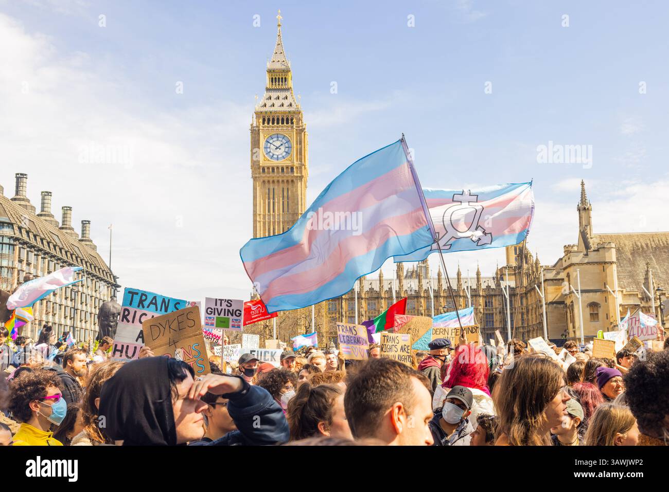 London, UK. 19 APR, 2025. Trans flag waves in front of big ben as ...