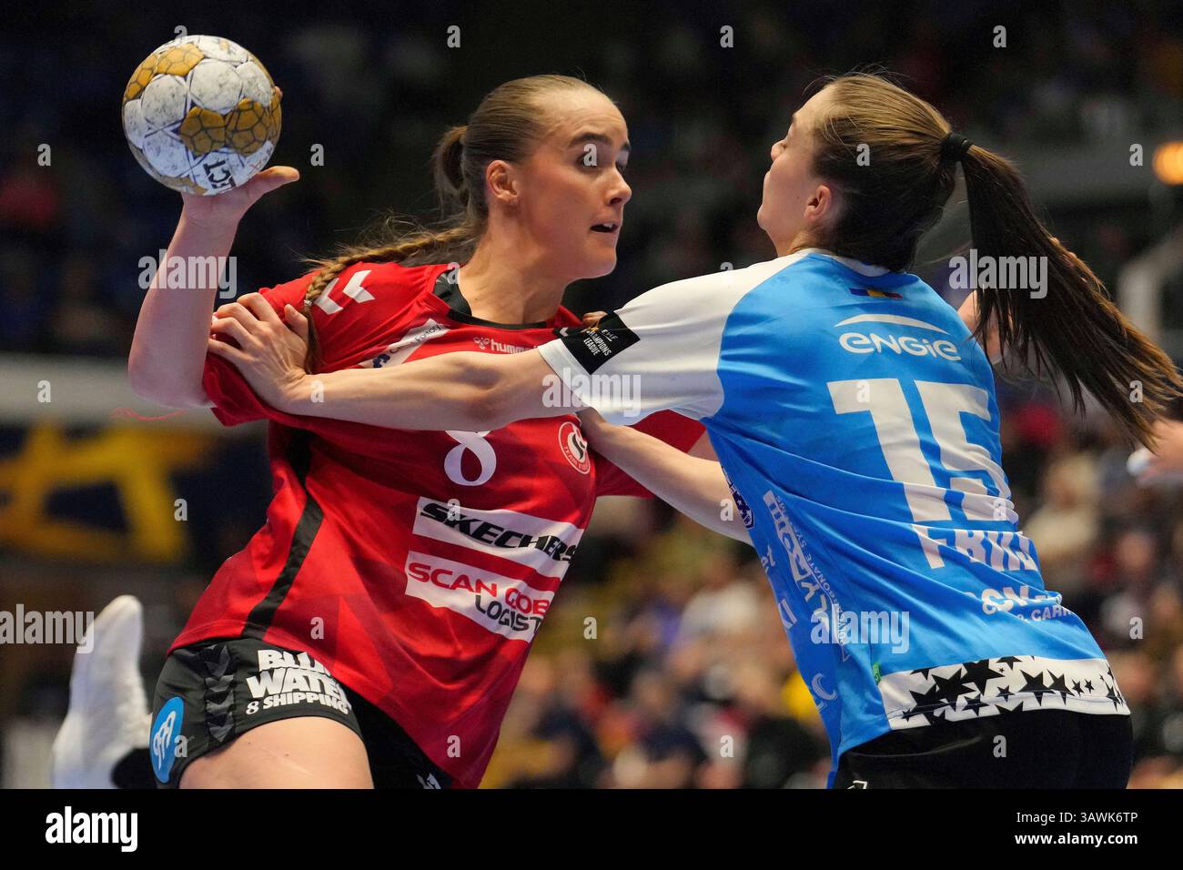 Live Rushfeldt Deila of Team Esbjerg, left, challenge for the ball Emma ...