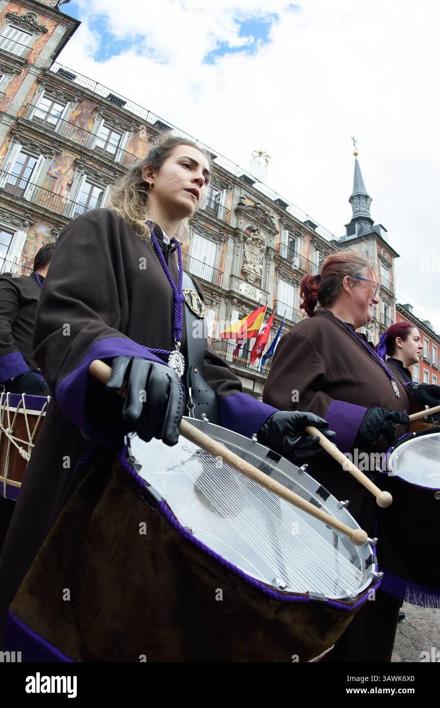 People before the procession of Tamborrada at the Plaza Mayor madrid on ...