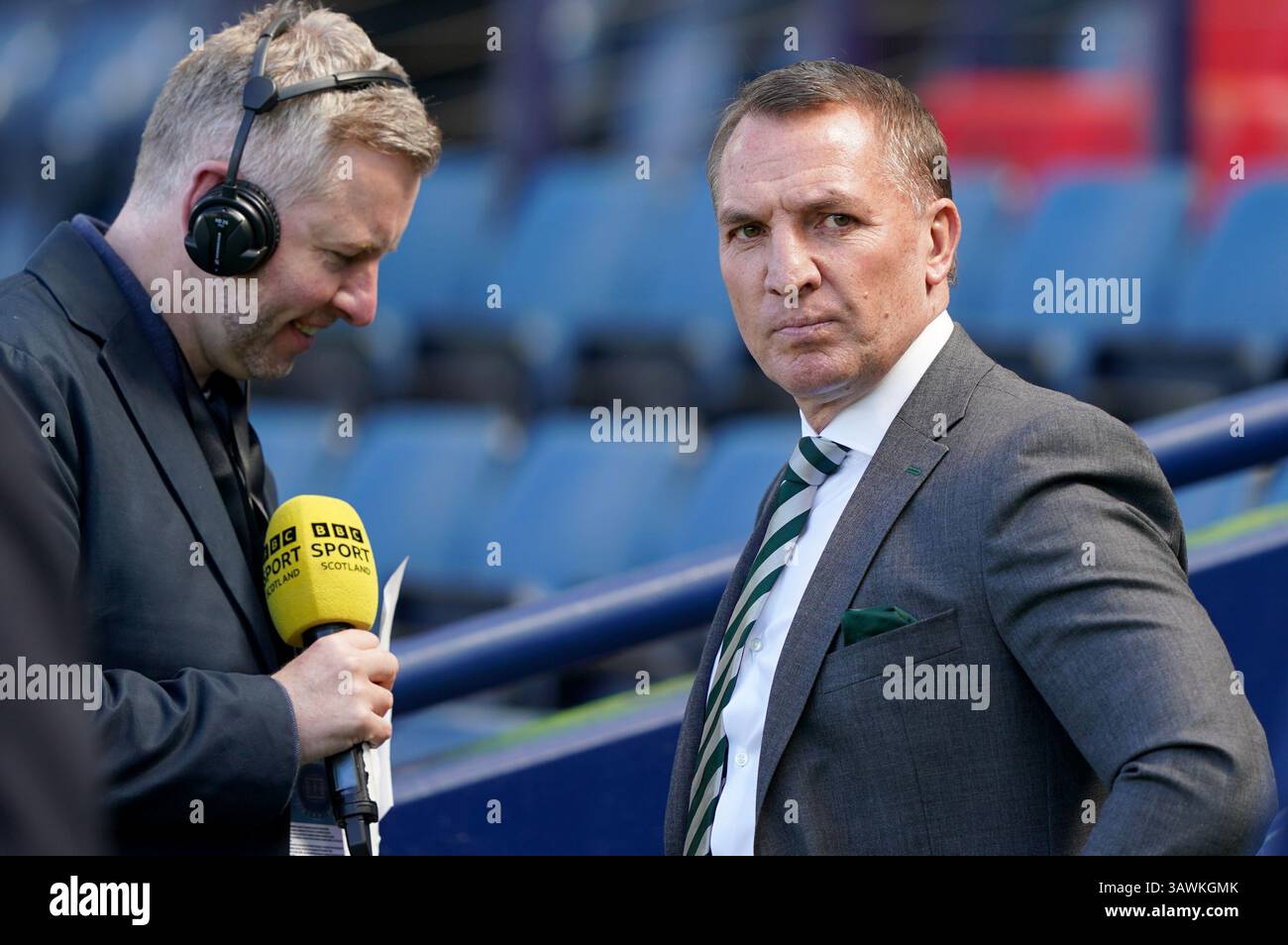 Celtic manager Brendan Rodgers (right) prepares with an interview with ...
