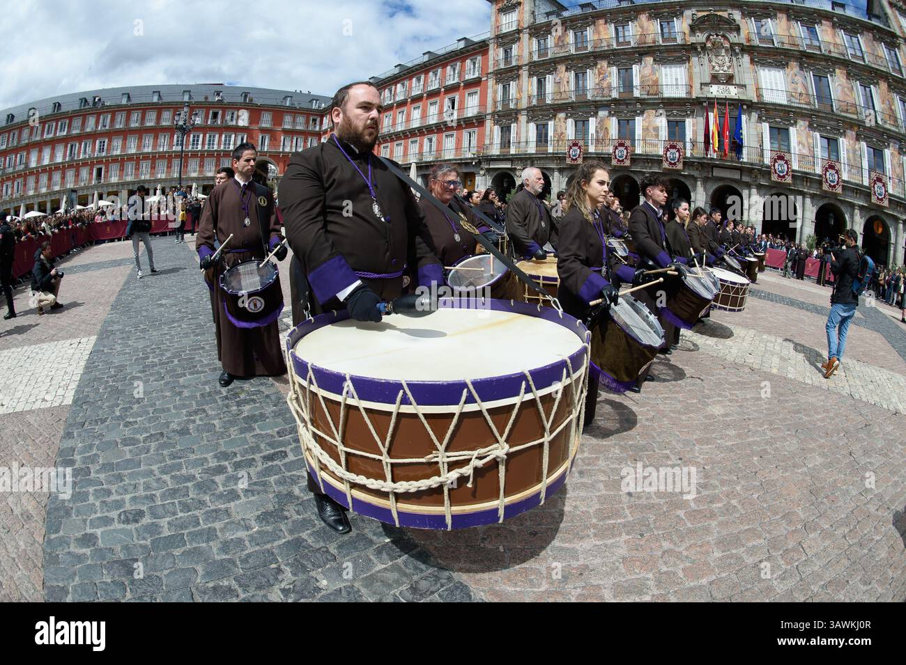 People before the procession of Tamborrada at the Plaza Mayor madrid on ...