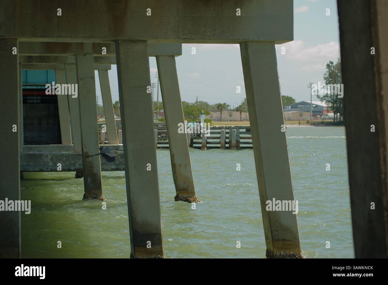 Urban Draw Bridge Support Columns Over Green Water in a Modern ...