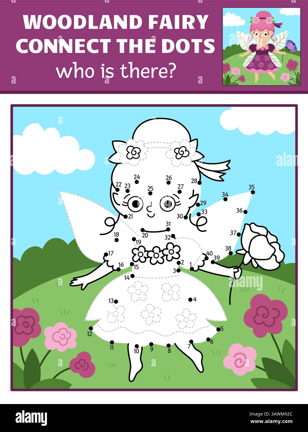 Vector fairyland dot-to-dot and color activity with flower fairy ...