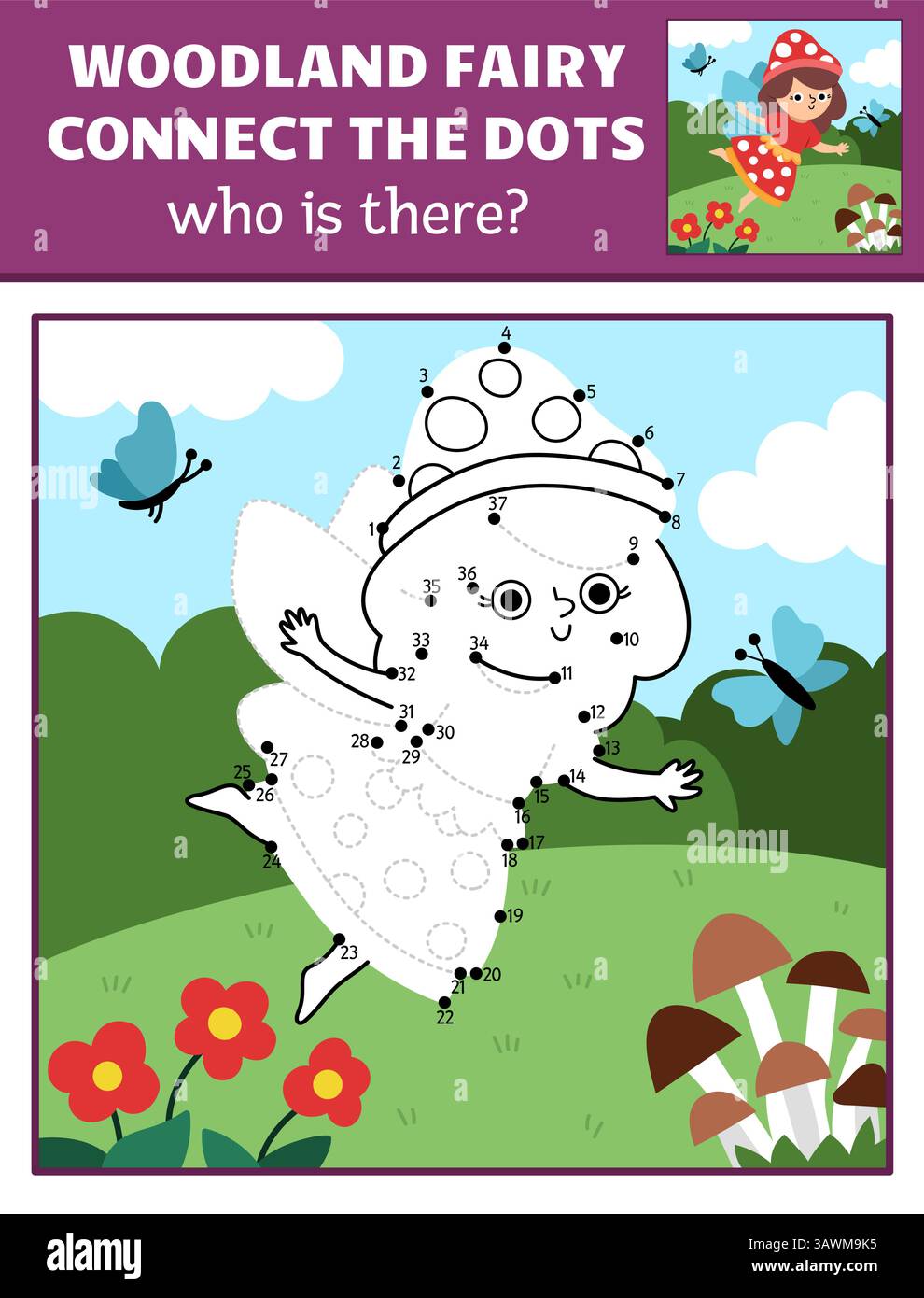 Vector fairyland dot-to-dot and color activity with mushroom fairy ...