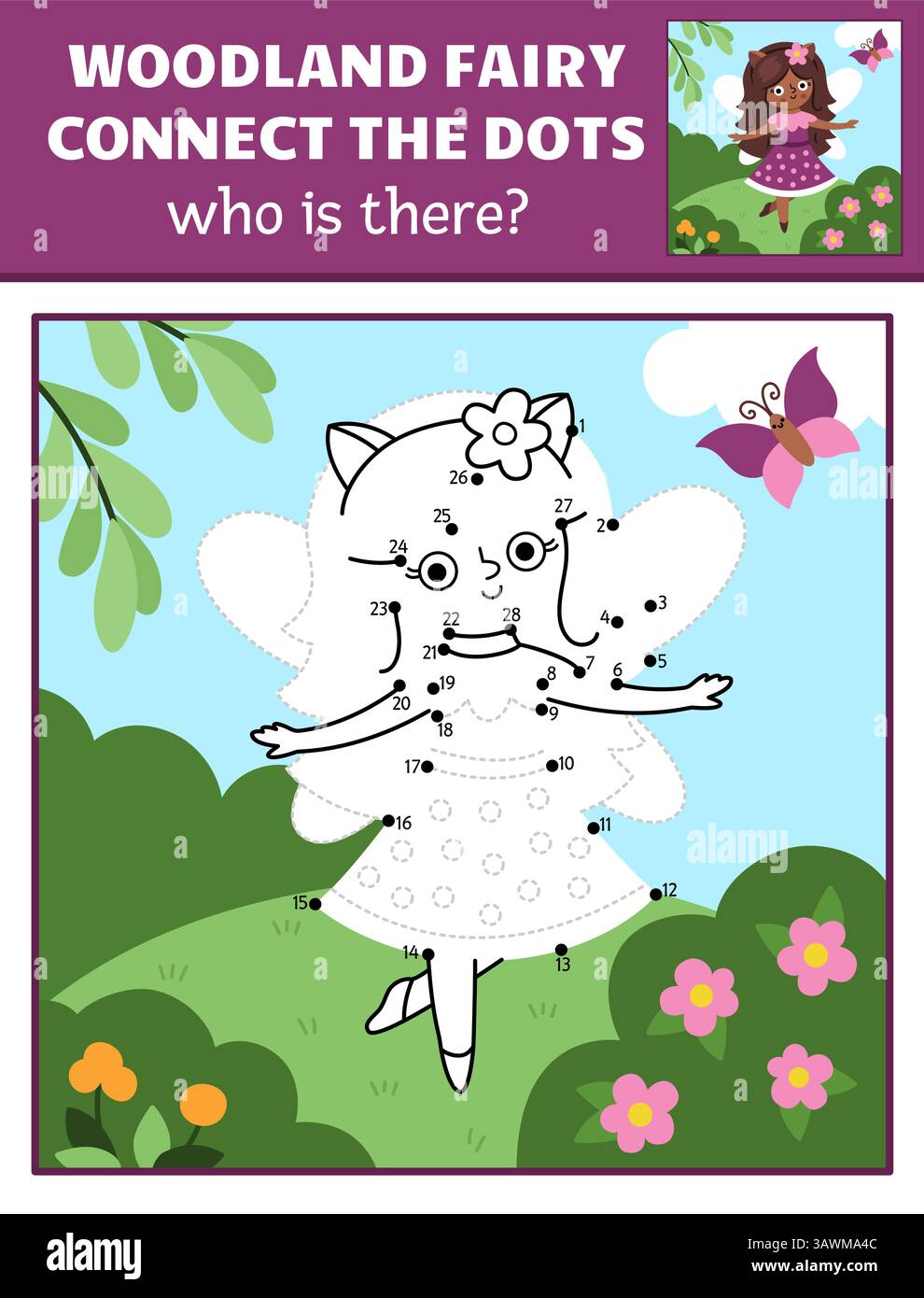 Vector fairyland dot-to-dot and color activity with fairy, colored ...
