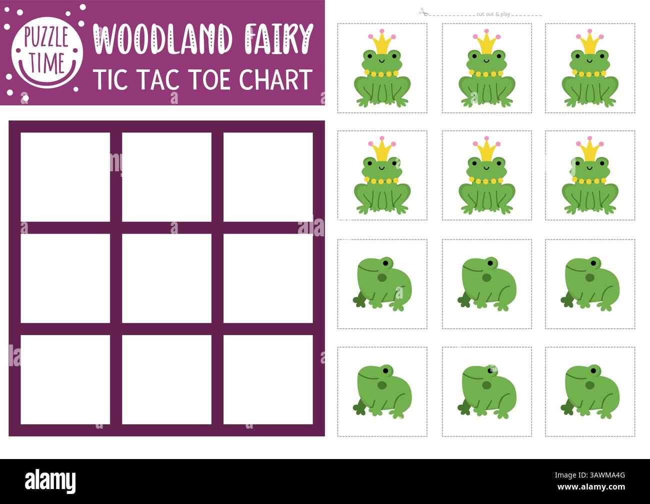 Vector fairyland tic tac toe chart with cute frogs. Woodland princess ...