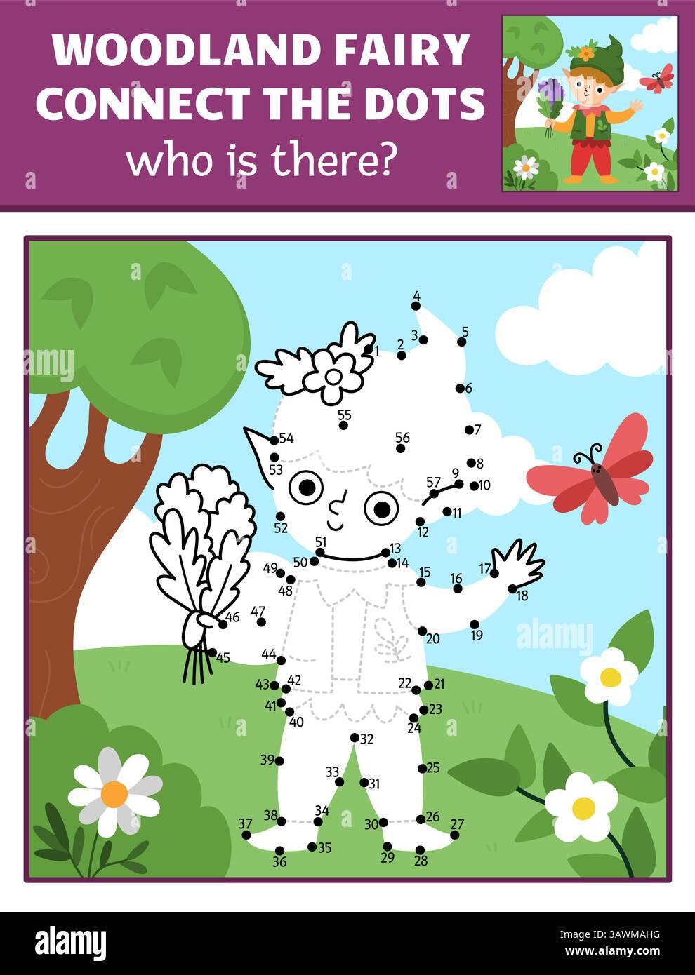 Vector fairyland dot-to-dot and color activity with elf, colored nature ...