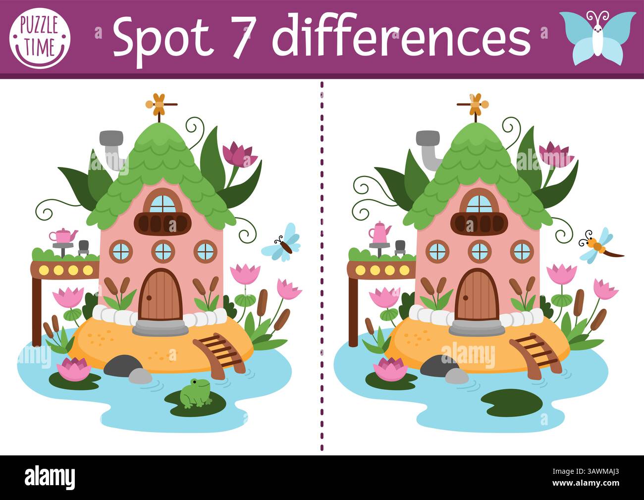 Find differences game for children. Fairyland educational activity with ...