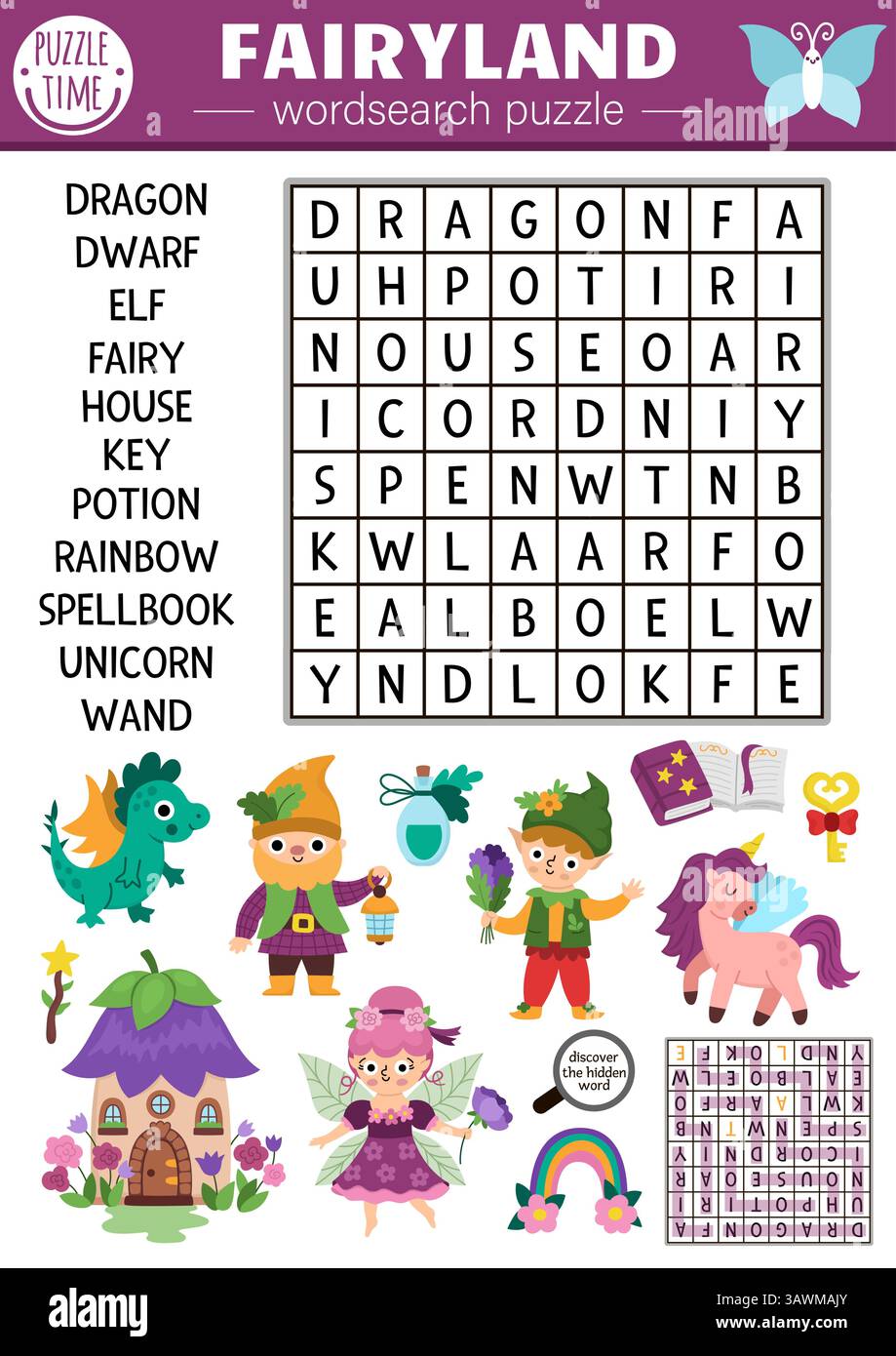Vector fairyland wordsearch puzzle for kids. Simple word search quiz ...