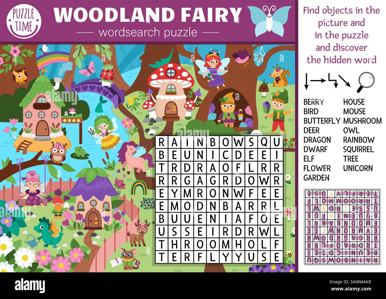 Vector fairyland wordsearch puzzle for kids. Simple word search quiz ...