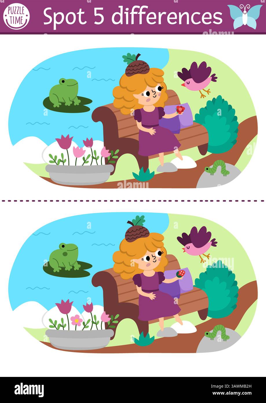 Find differences game. Fairyland educational activity. Landscape with ...