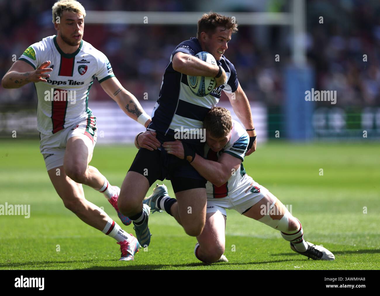 Bristol Bears' AJ MacGinty tackled by Leicester Tigers' Joseph Woodward ...