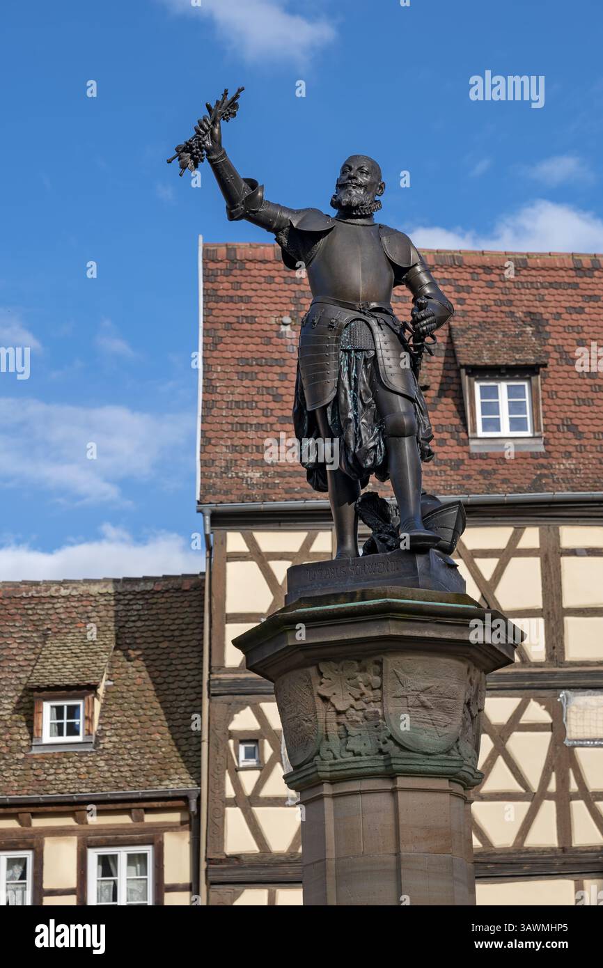 Bronze statue of Lazarus von Schwendi (1522-1583) holding a vine plant ...