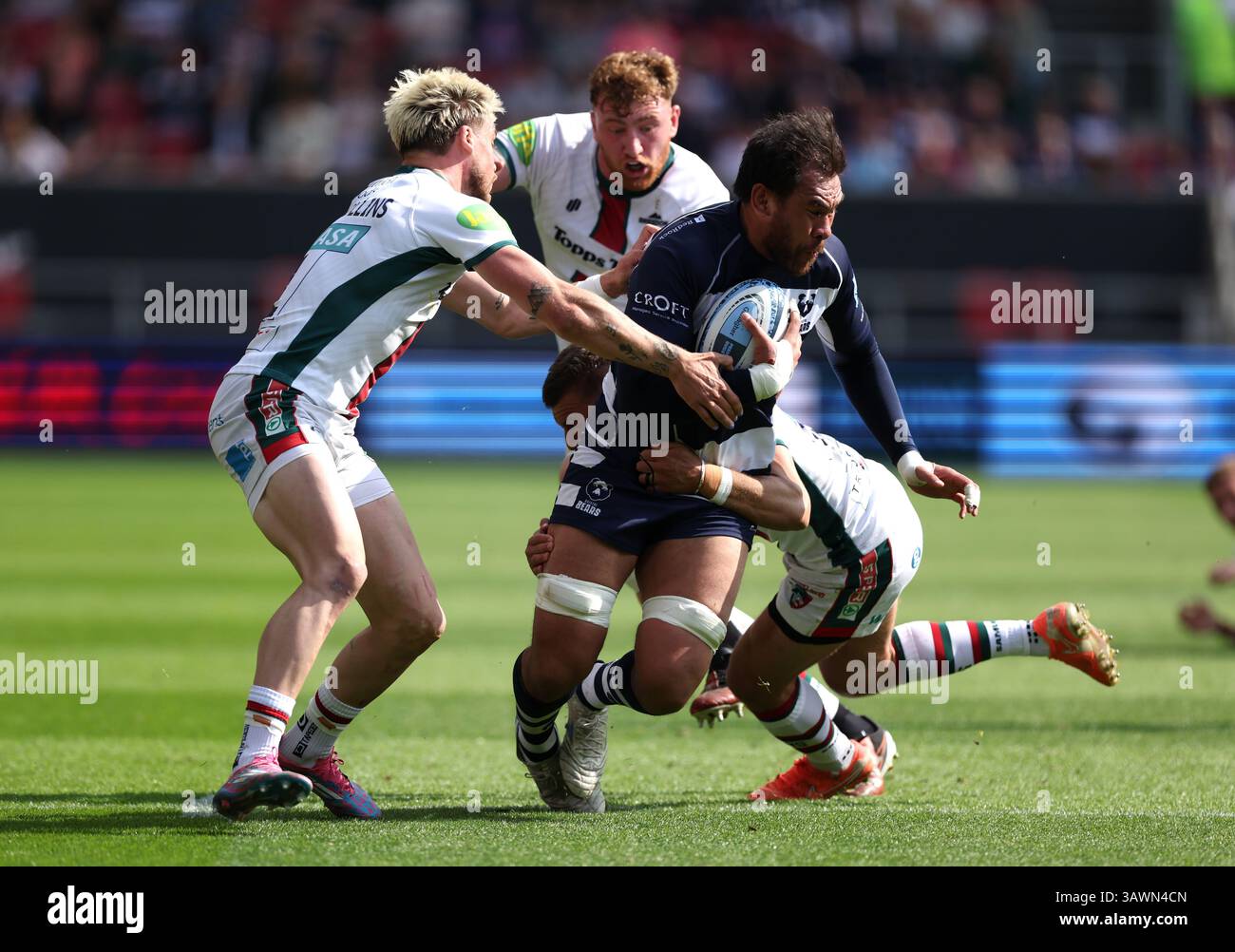 Bristol Bears' Steve Luatua tackled by Leicester Tigers' Handre Pollard ...