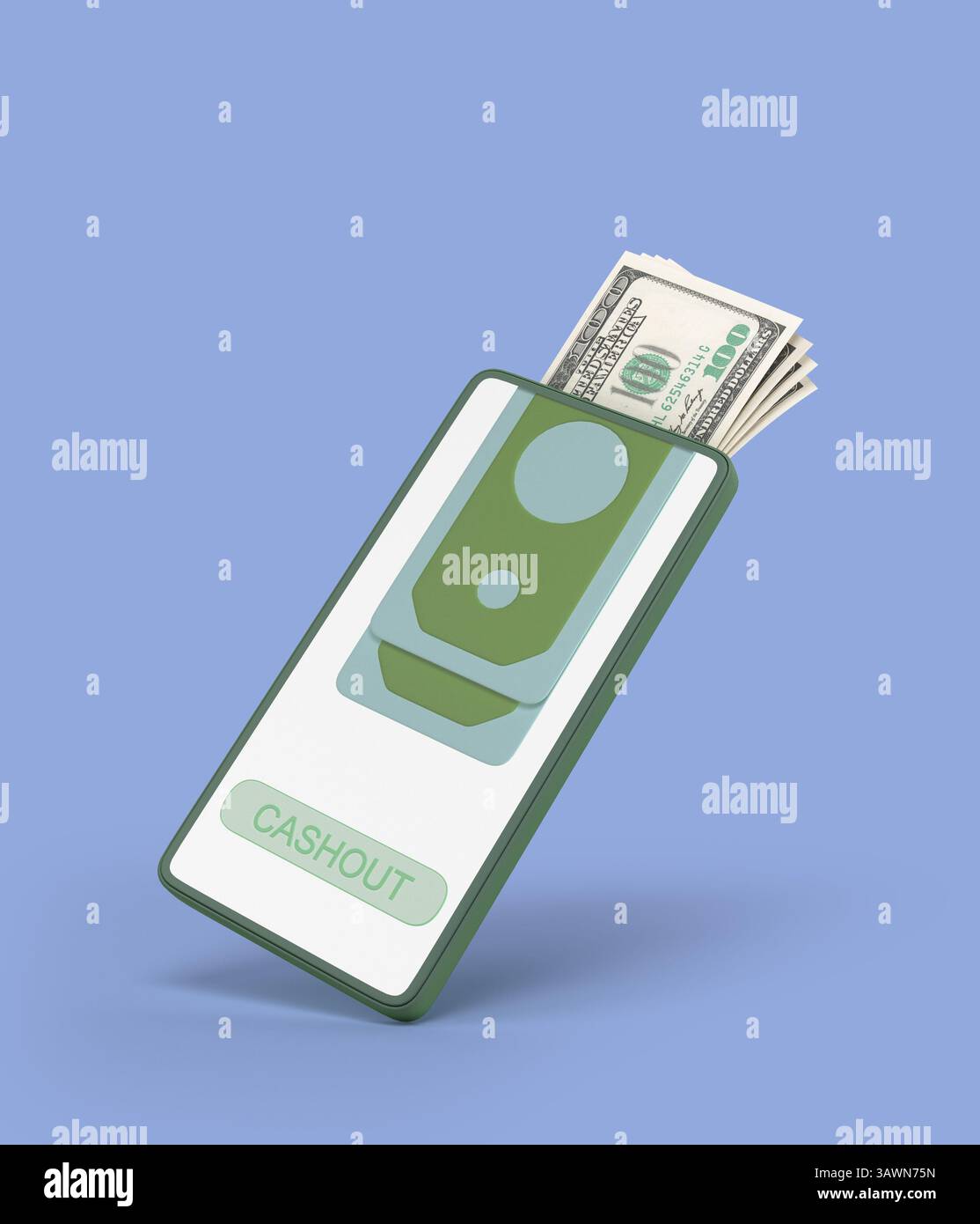 3D illustration of a smartphone with cashout button, showing money ...