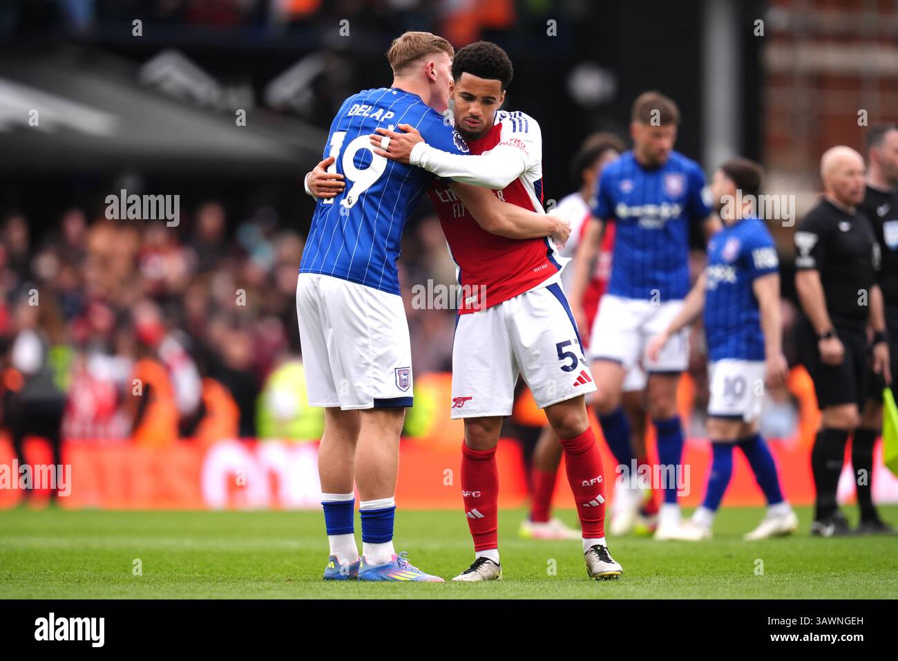 Ipswich Town's Liam Delap greets Arsenal's Ethan Nwaneri following the ...