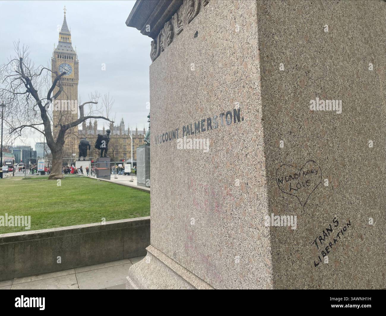 Graffiti left on a statue of Viscount Palmerston in Parliament Square ...
