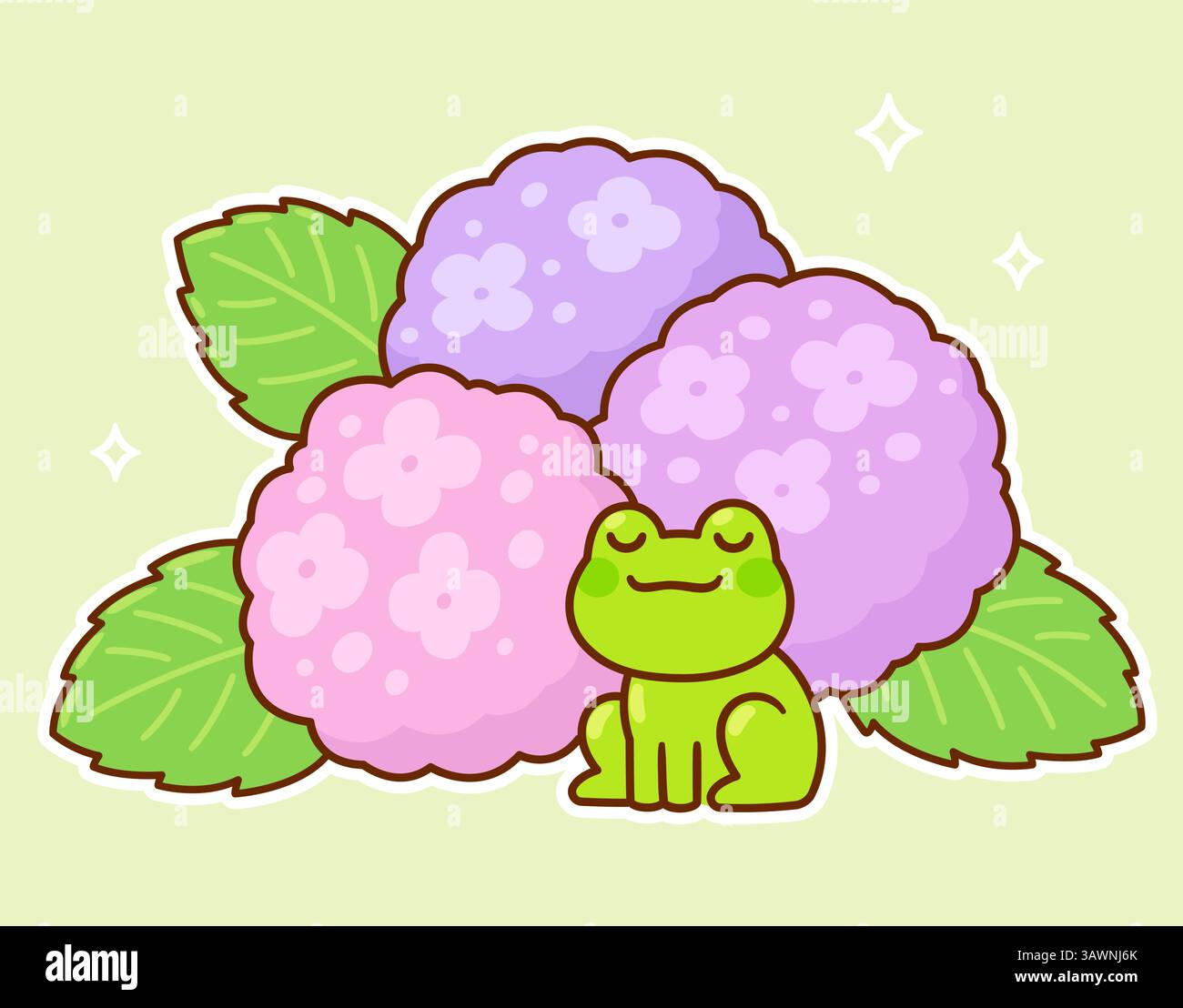 Cute cartoon frog and Hydrangea flowers, simple kawaii doodle drawing ...