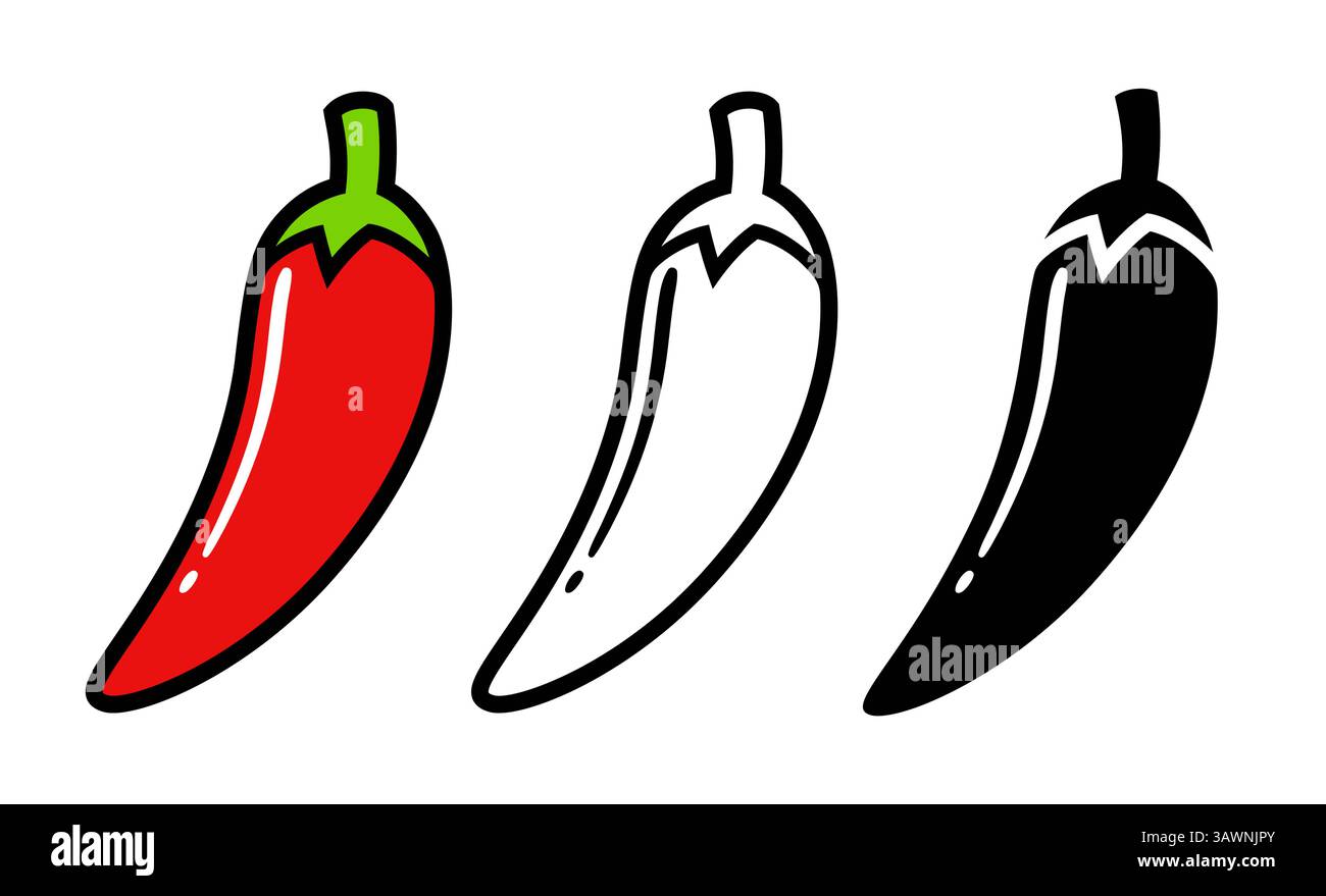 Hot chili pepper icon in different style. Color, line art and black ...