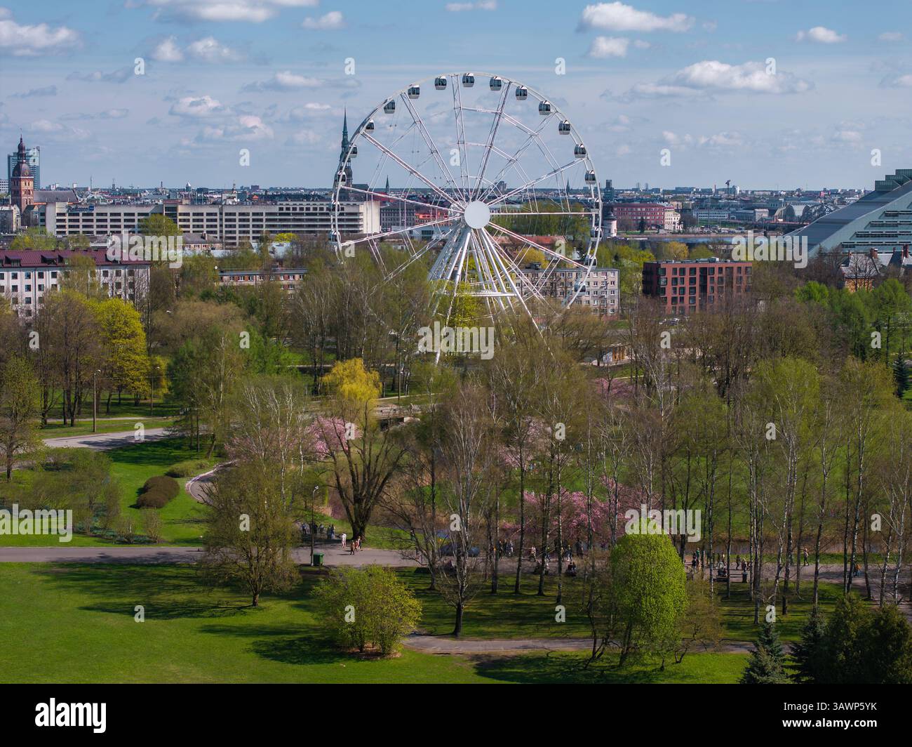 Aerial View of Riga Victory Park with Ferris Wheel and Sakura Trees ...