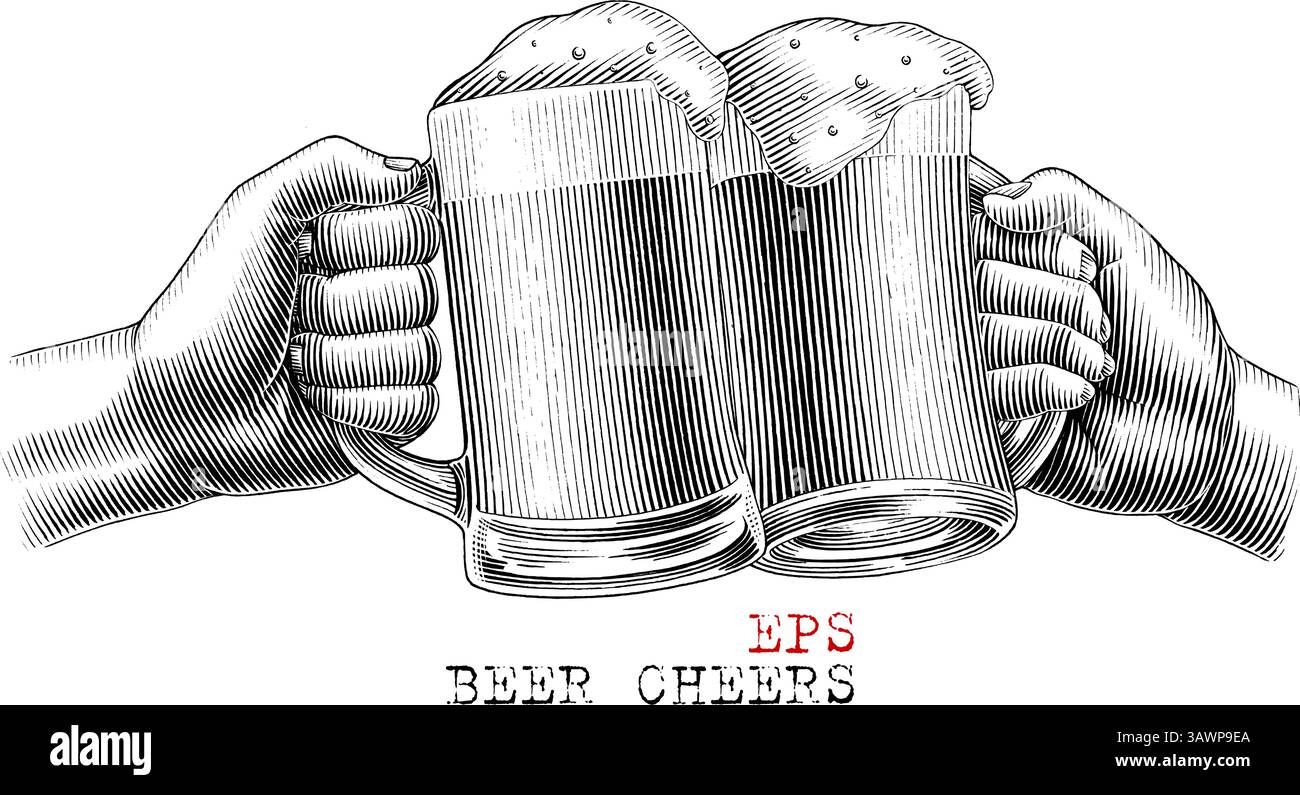 Hand Hold Beer Mug Illustration Vintage Engraving Style Black And White