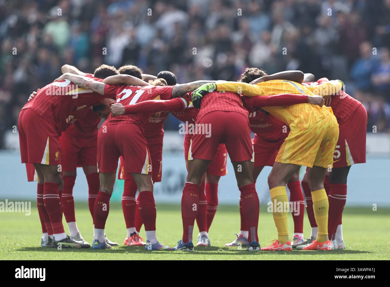 Leicester, UK. 20th Apr, 2025. Liverpool players form a huddle during ...