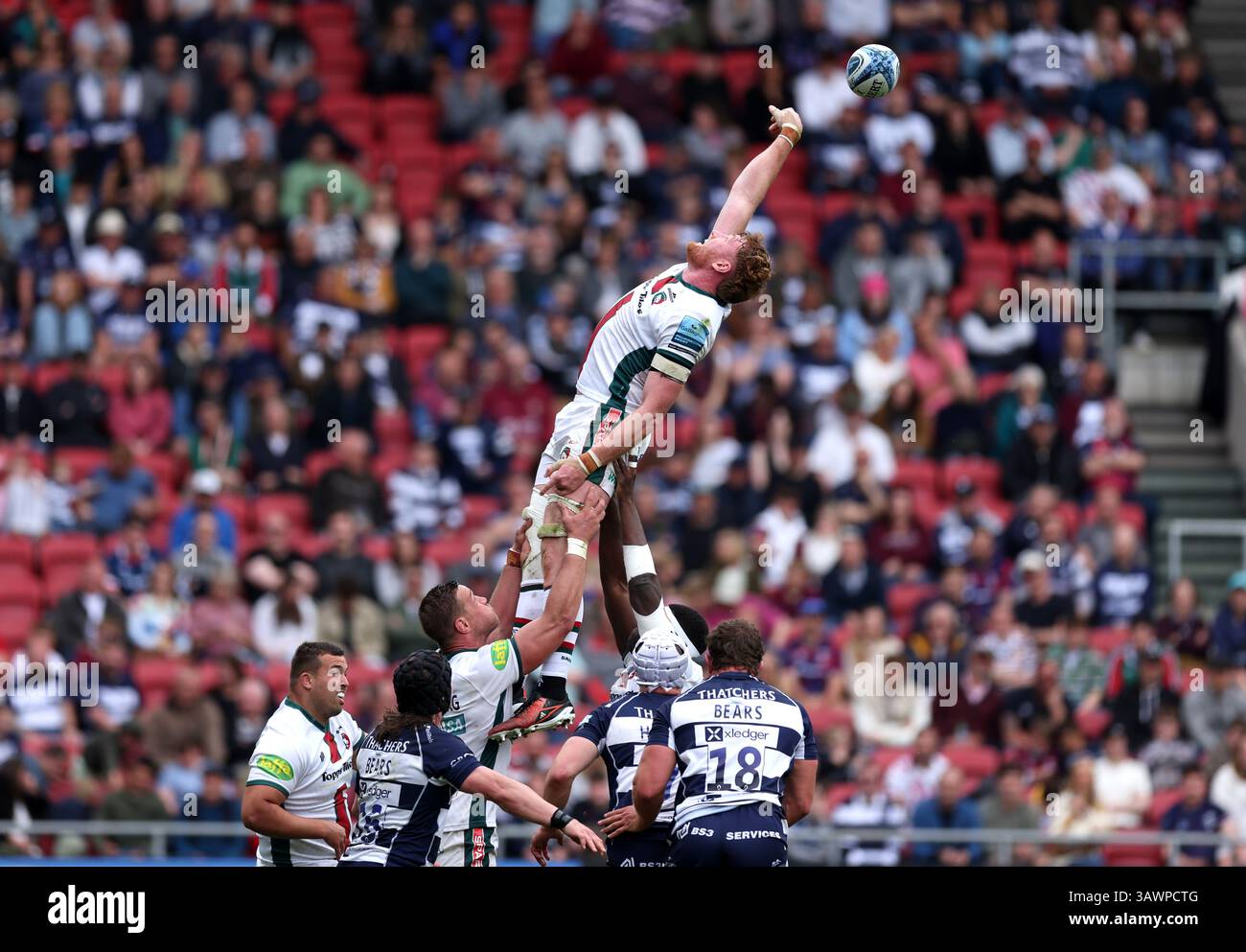 Leicester Tigers' Ollie Chessum competes in a line-out during the ...