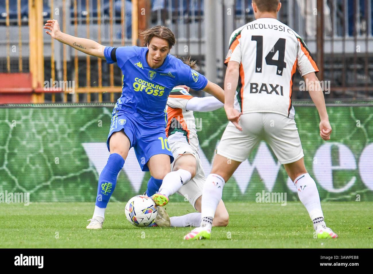 Empoli, Italy. 20th Apr, 2025. Jacopo Fazzini (Empoli) thwarted by Issa ...