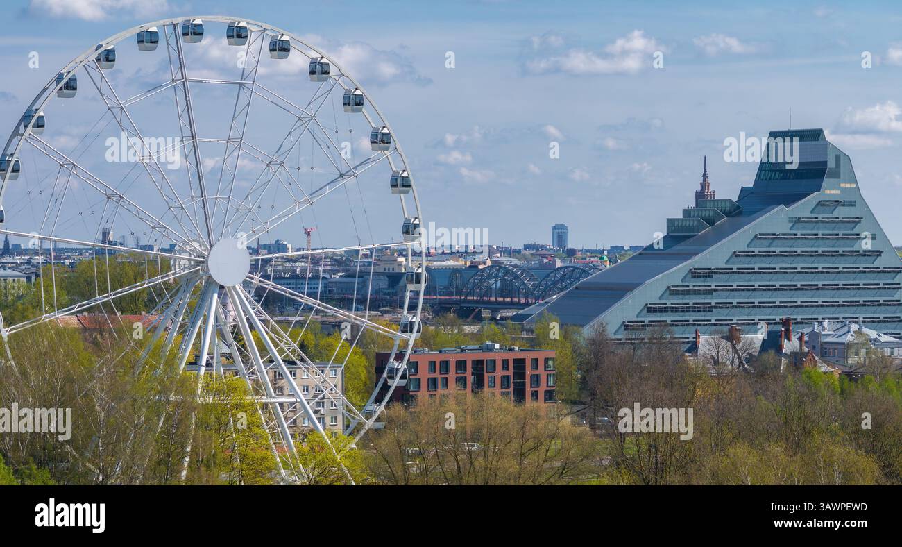 Aerial View of Riga with Ferris Wheel and National Library of Latvia ...