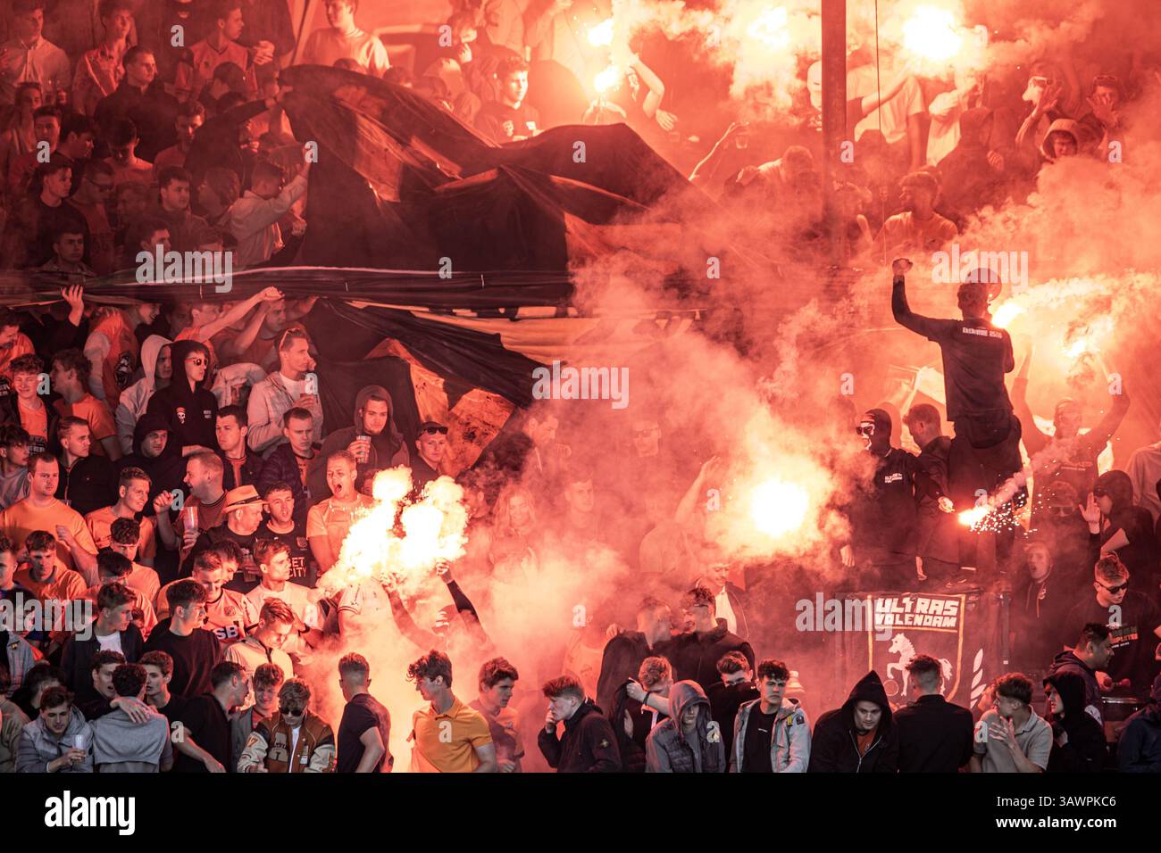 VOLENDAM - Fireworks Volendam fans during the Dutch First Division ...